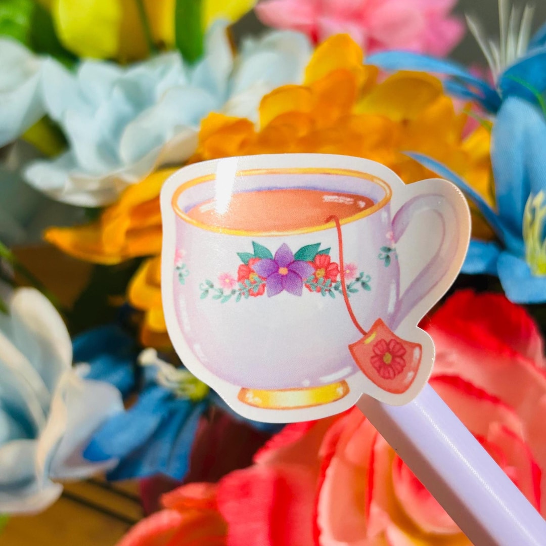 Floral Teacup Sticker | Waterproof Vinyl Die-cut - Etsy