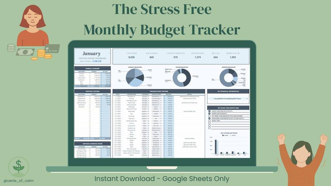 Stress-free Monthly Budget Tracker | Digital Budget Spreadsheet | Cents ...