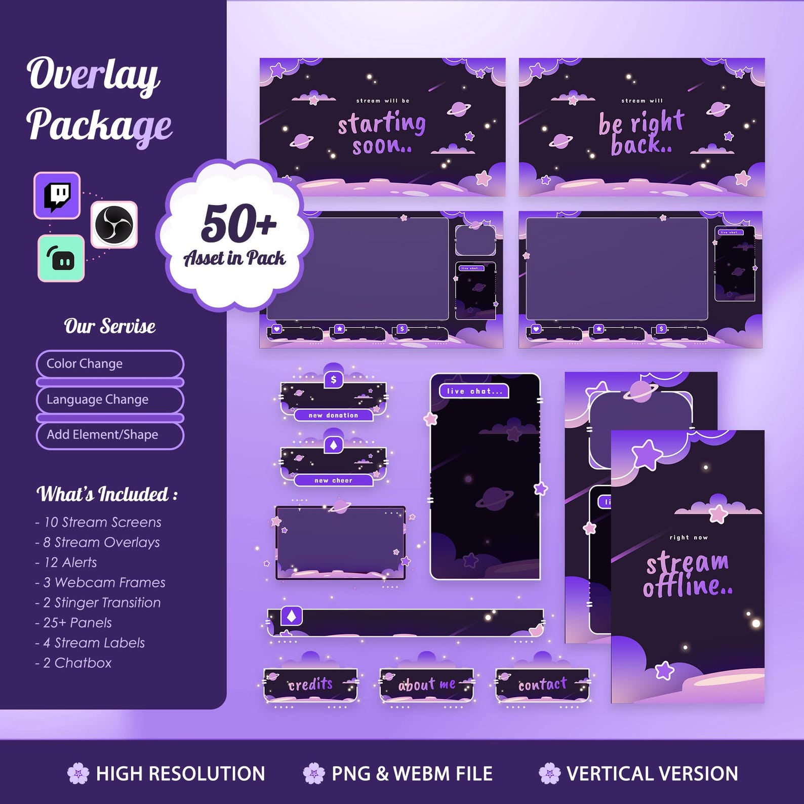 Starry Luna Stream Package – Complete Purple Galaxy Cute Overlay Set ...