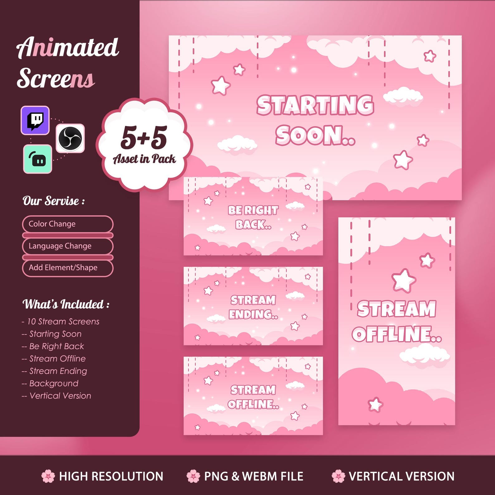 Pink Pastel Cloud Animated Stream Screens for Twitch Youtube Kick ...