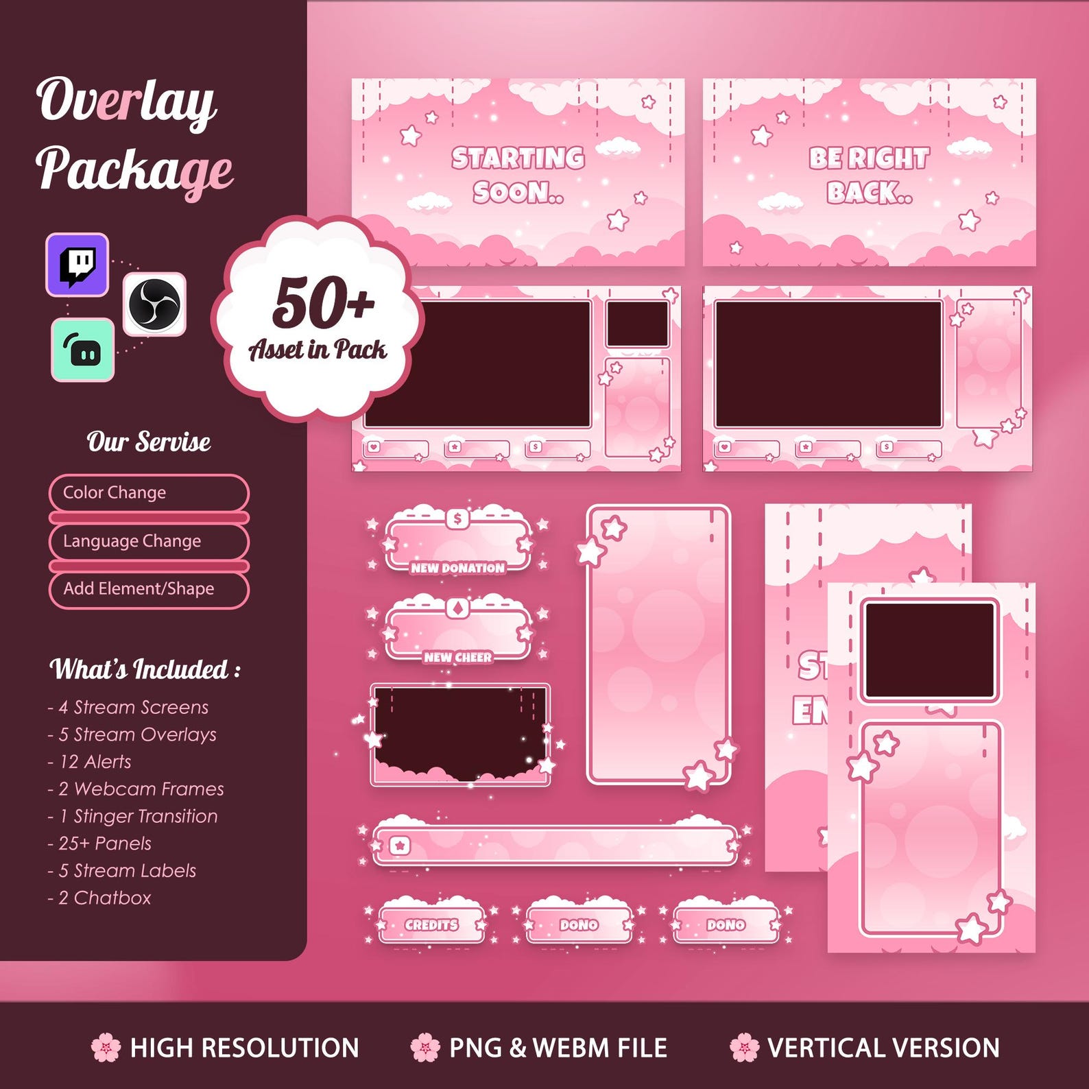 Pink Cloud Animated Stream Overlay – Kawaii Pastel Design (digital ...