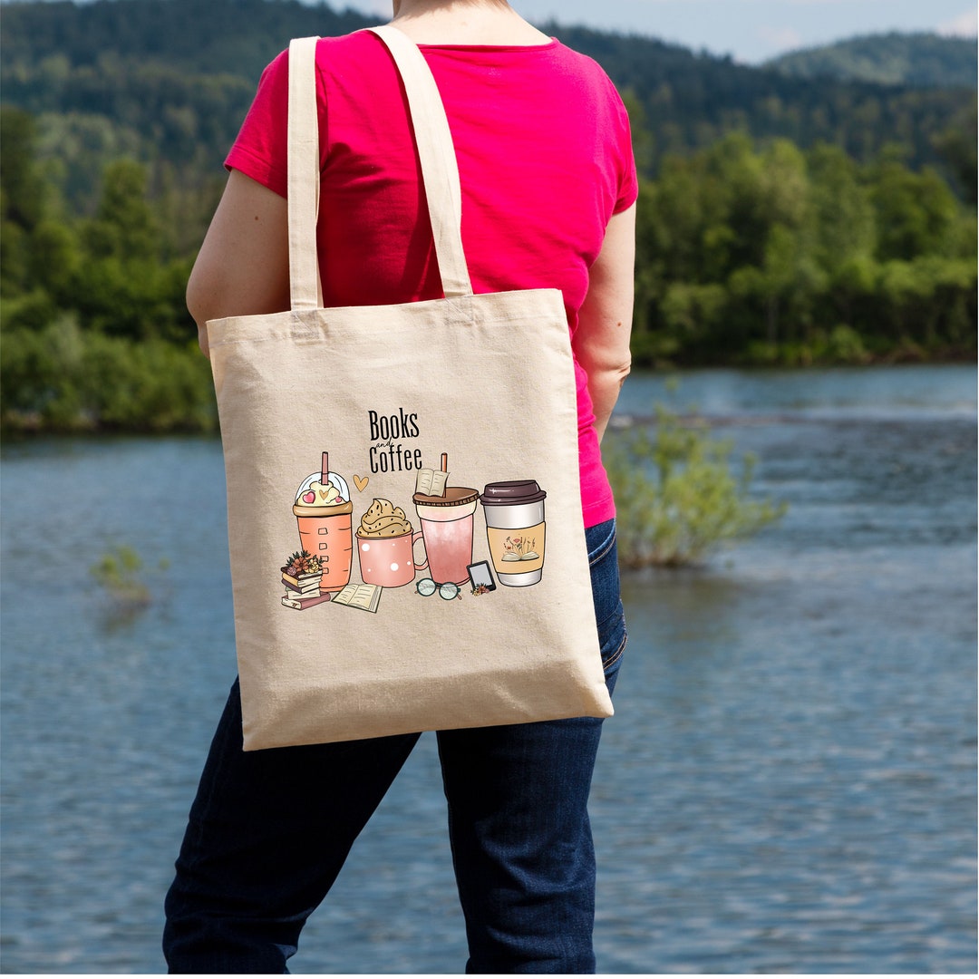 Books and Coffee Cups Canvas Tote Bag/reading Lover Tote Bag/reusable ...