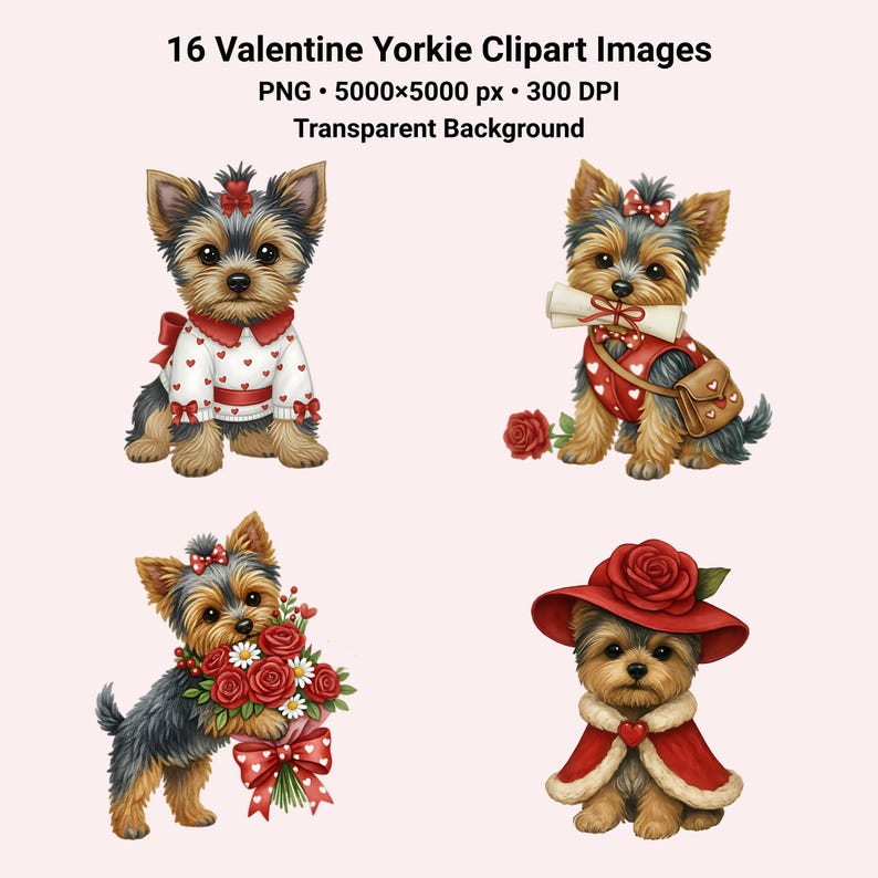 Valentine Yorkie Clipart Bundle – 16 Embroidered Romantic Dog Pngs ...