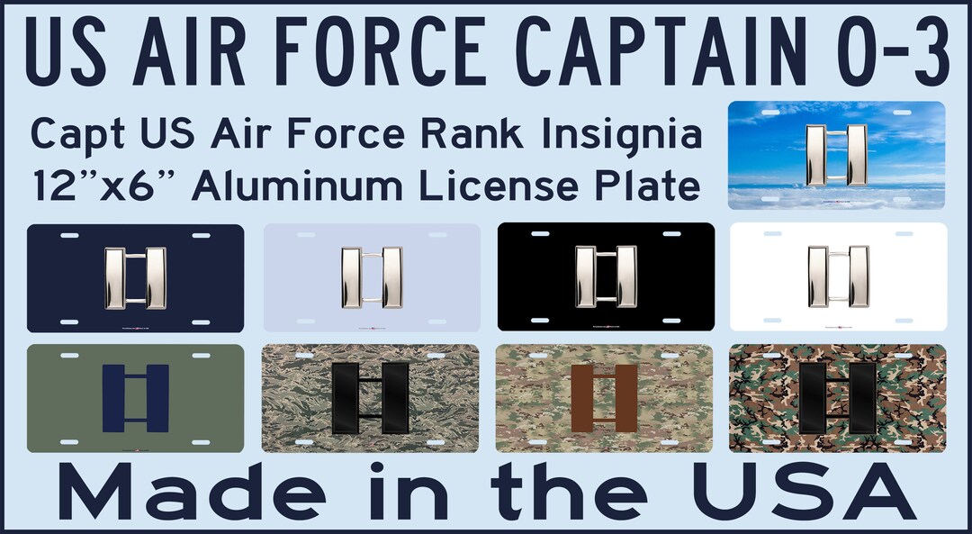 US Air Force Captain O-3 Rank Insignia on Your Choice of 12x6 Aluminum ...
