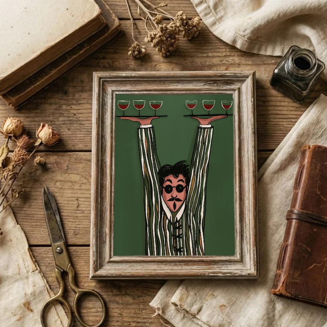 French Waiter Serving Drinks, Bar Cart Art, Funny Red Wine Print ...