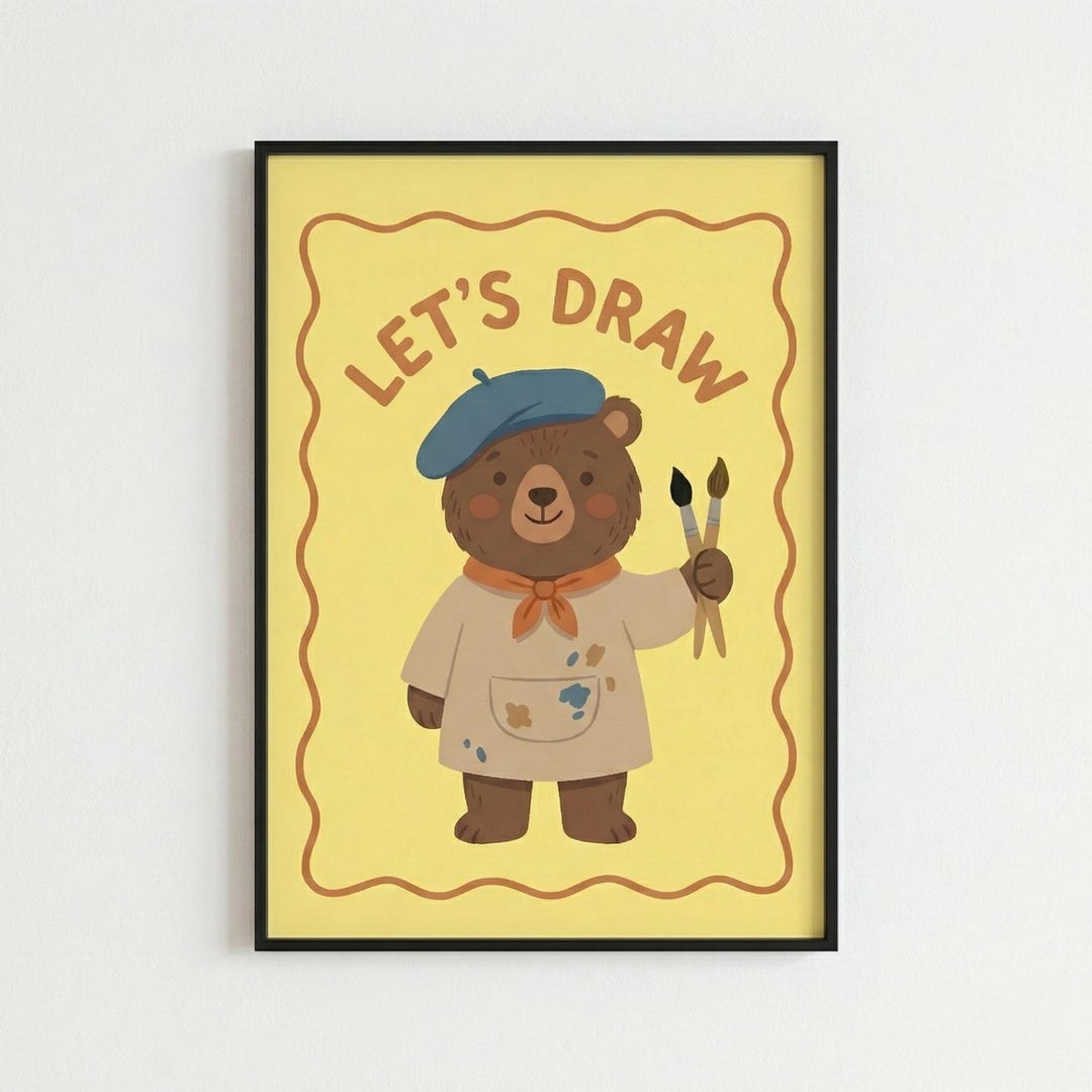 Artist Bear Wall Art, Lets Draw Poster, Nursery Decor, Kids Room Decor ...