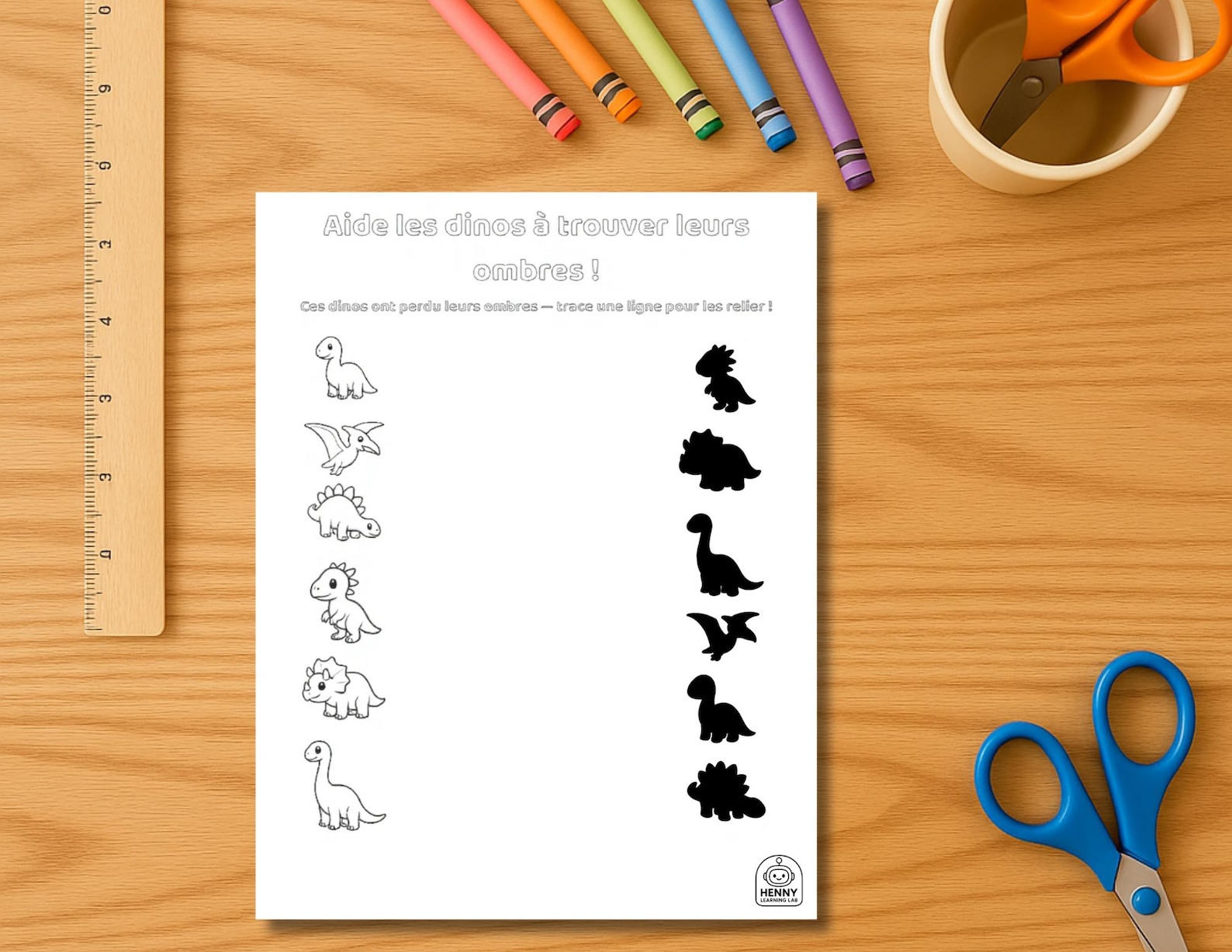 French Dinosaur Shadow Matching Worksheet | Printable Kids Activity ...
