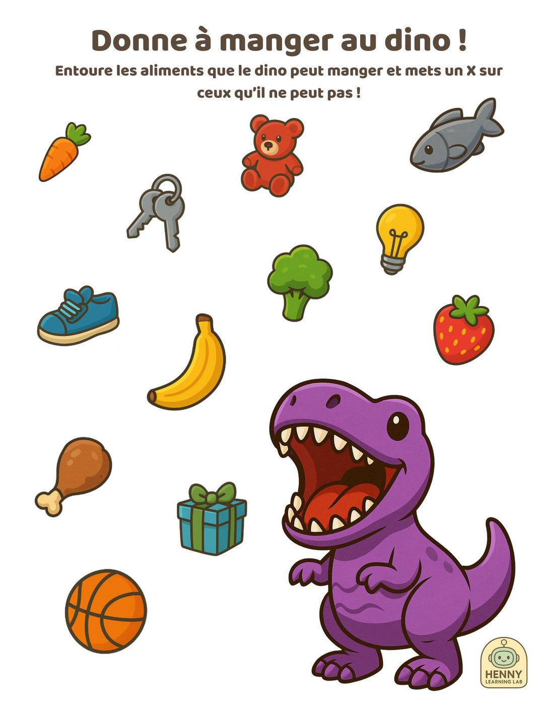 French- Feed the Dino Worksheet | Preschool Sorting Activity | Kids ...