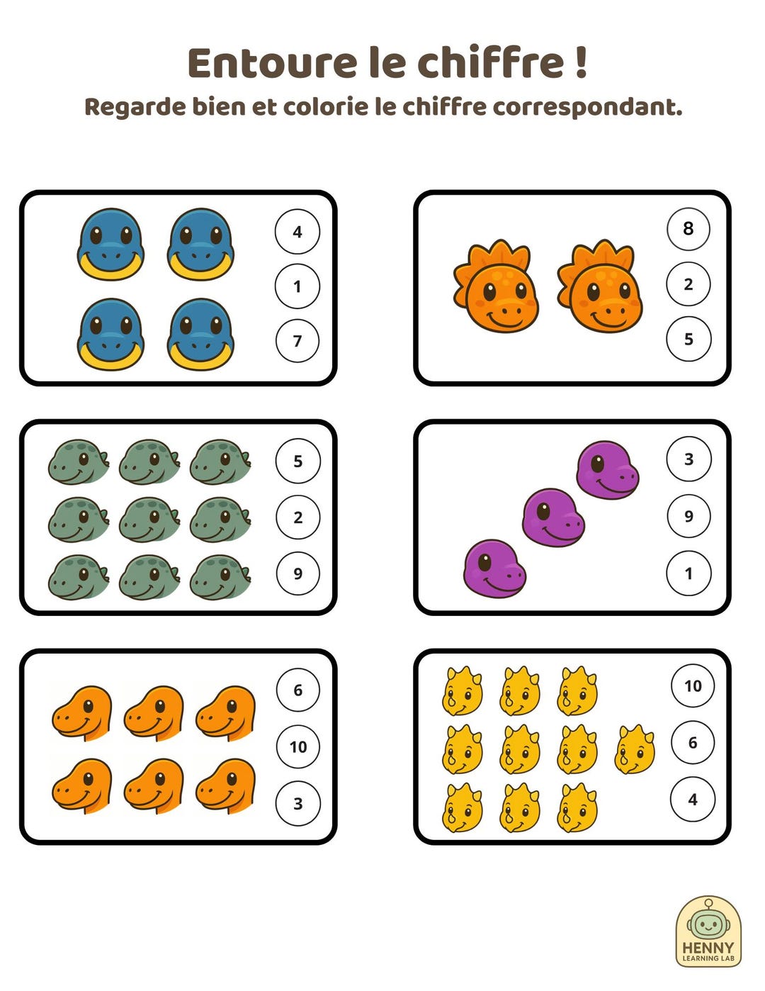 French Dinosaur Counting Worksheet | Preschool Number Recognition (PDF ...