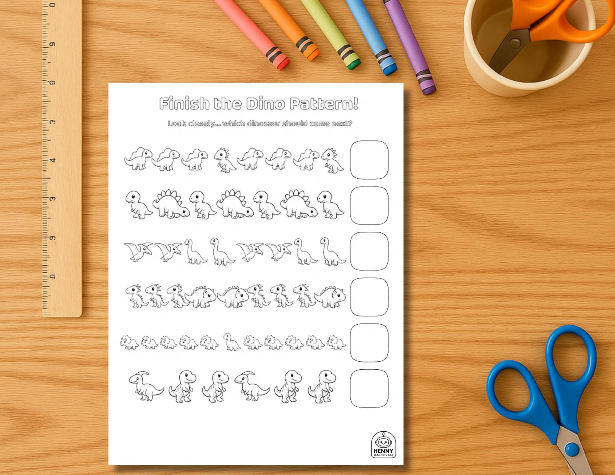 Dinosaur Pattern Worksheet | Black & White Finish the Pattern Activity ...