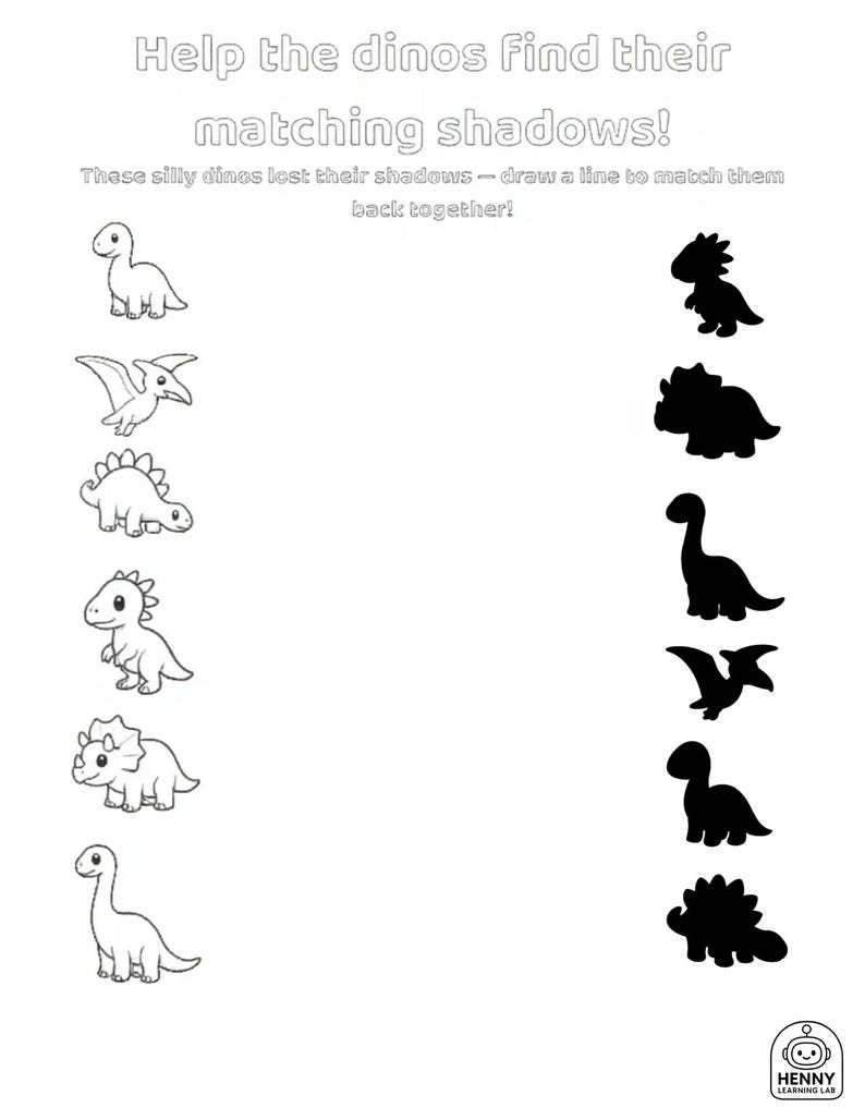 Dinosaur Shadow Matching Worksheet | Preschool Printable (PDF) - Etsy