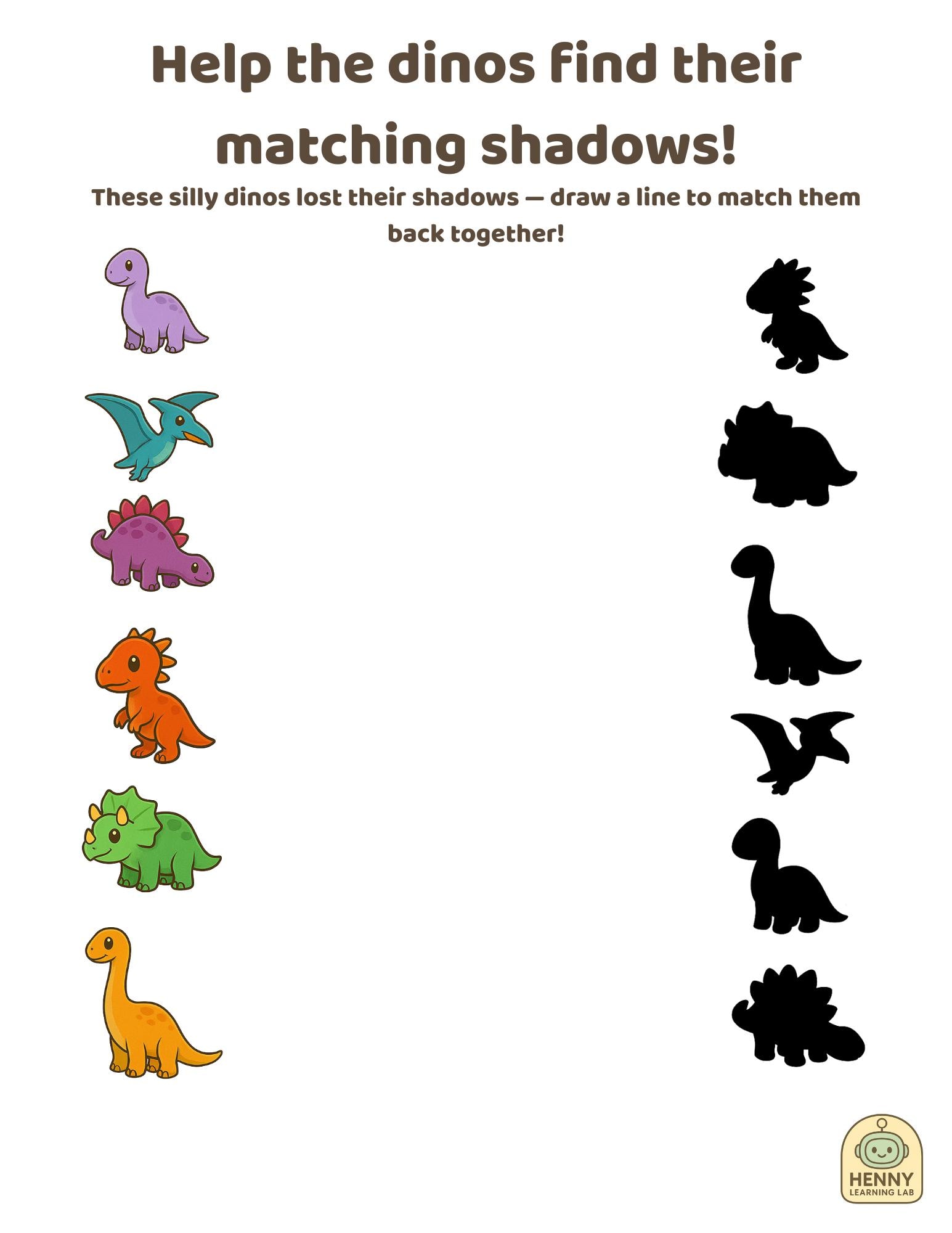 Dinosaur Matching Shadows Worksheet | Preschool Activity | Kids ...