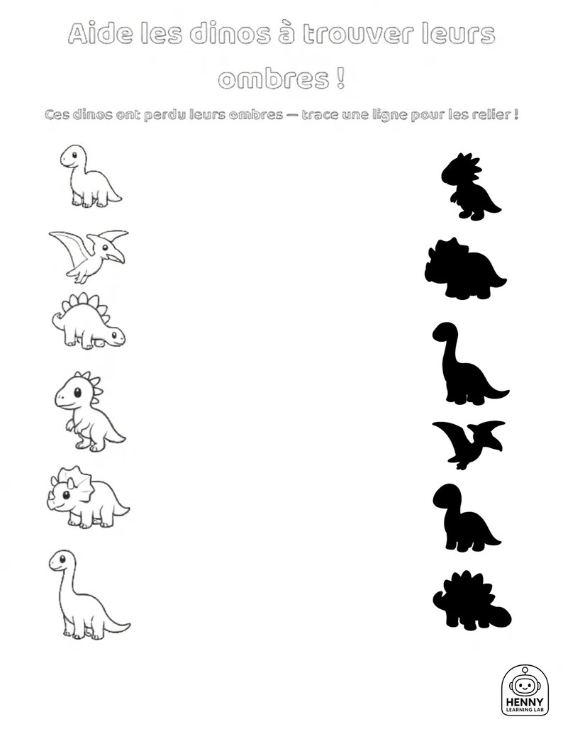 French Dinosaur Shadow Matching Worksheet | Printable Kids Activity ...