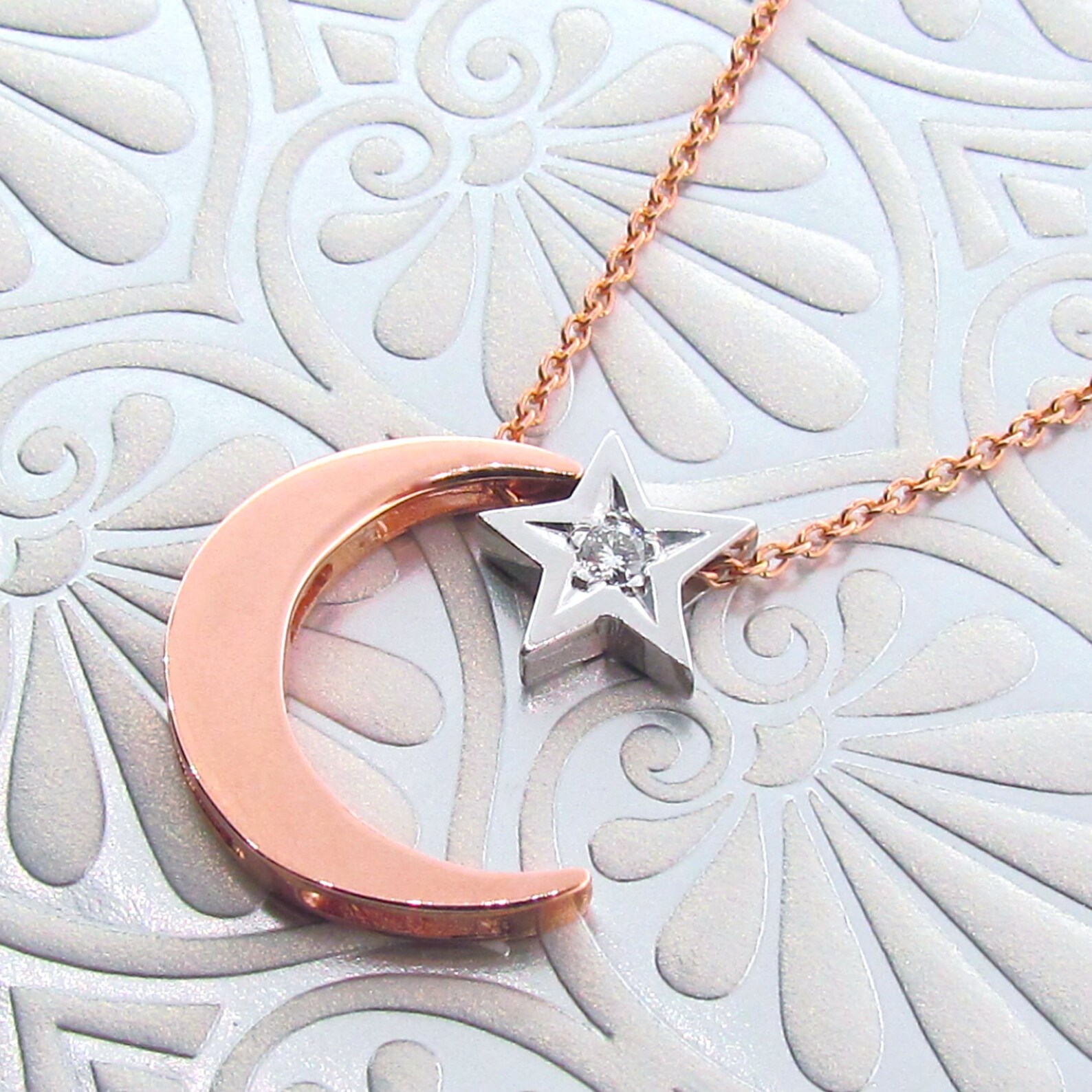 Pink moon Rose Gold Crescent Moon and white Gold and diamond | Etsy