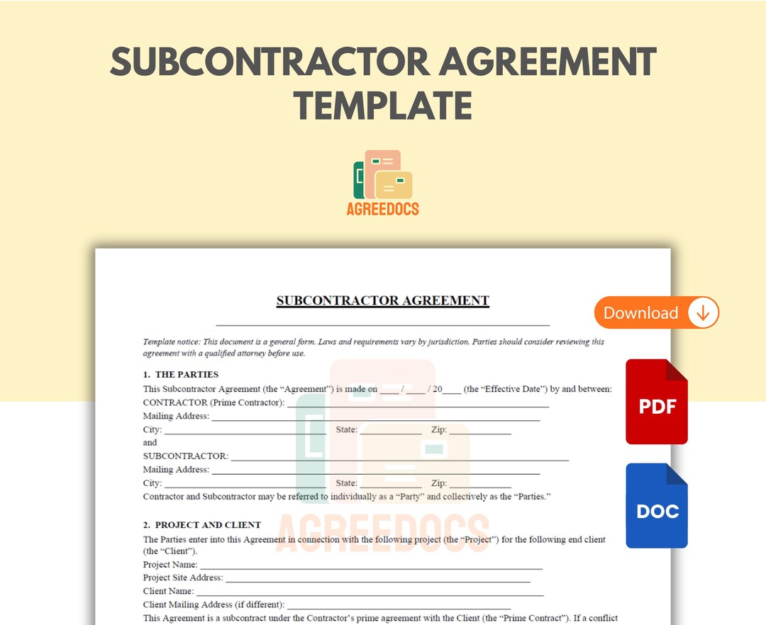 Subcontractor Agreement Template, Editable Job Subcontractor Contract ...