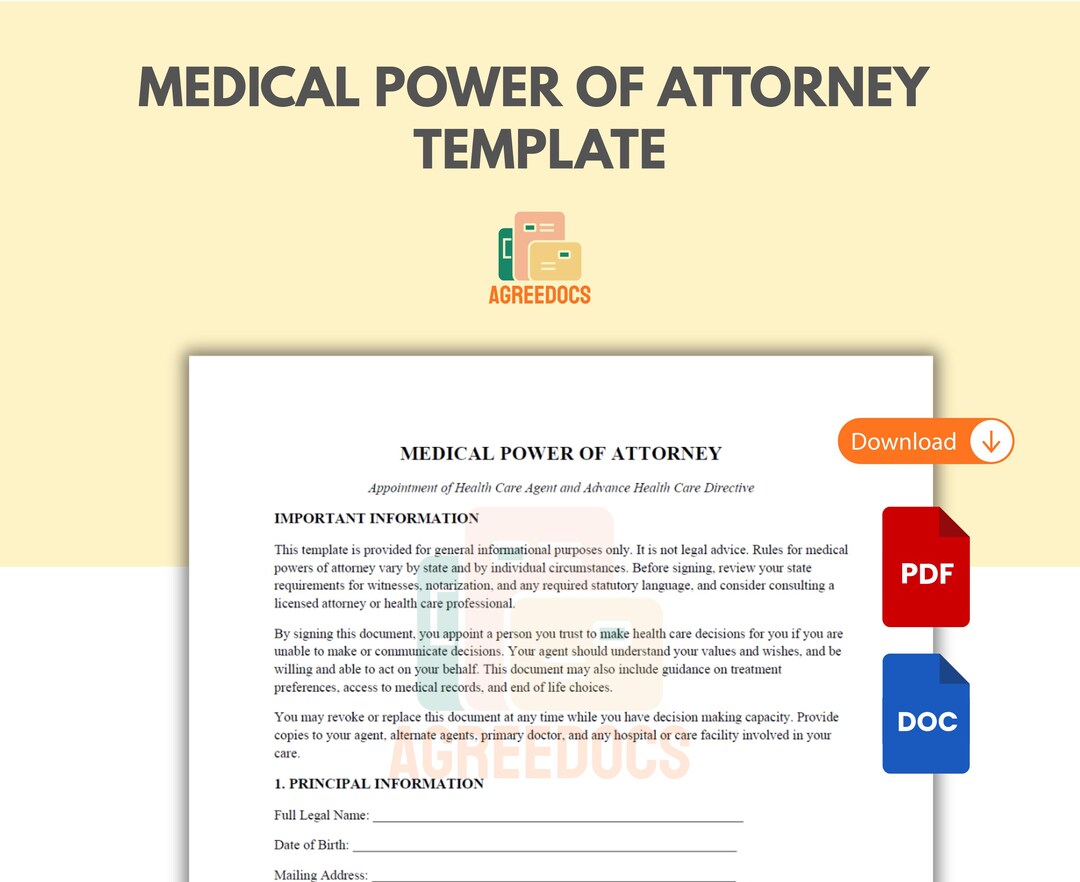 Medical Power of Attorney Template, Printable Health Care POA Form ...