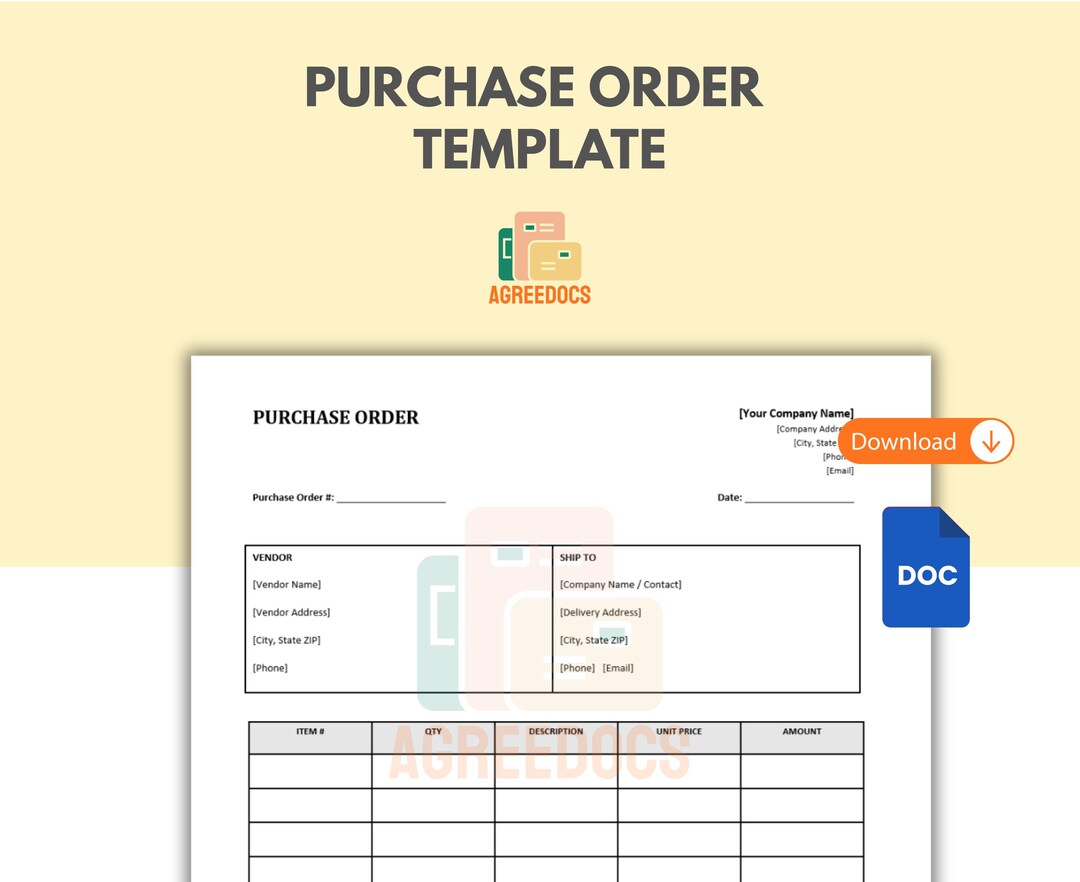 Purchase Order Template, Editable PO Form for Small Business, Printable ...