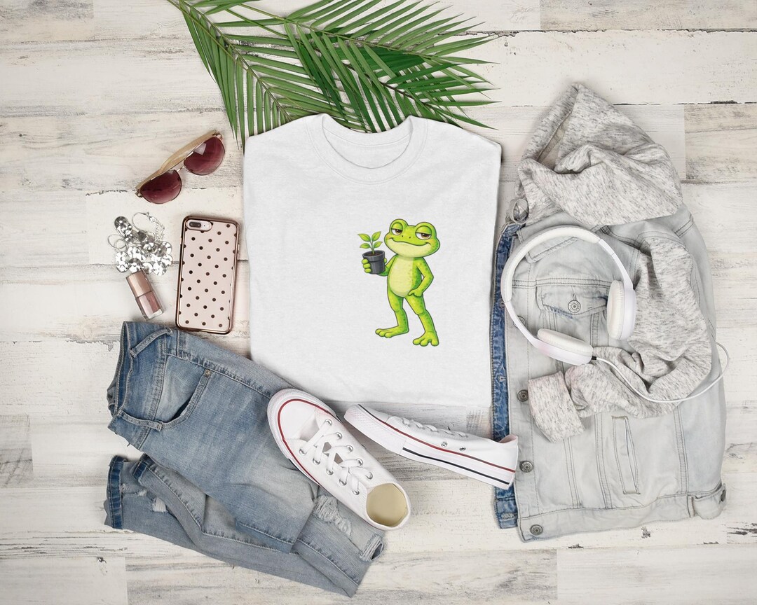 Cute Frog Shirt Minimalist Cartoon Frog Holding Plant Aesthetic Nature ...