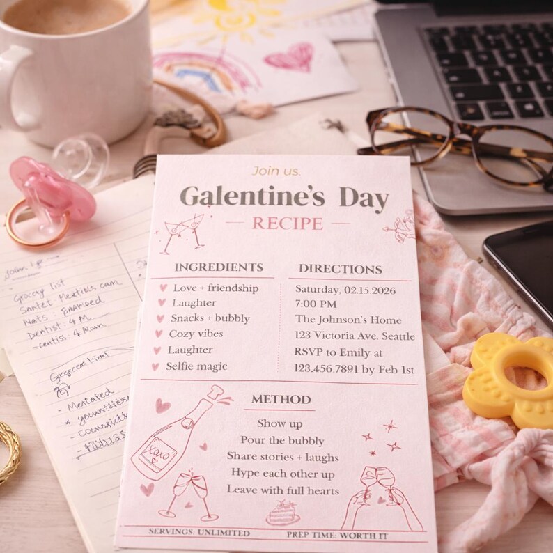 Editable Canva Galentine Recipe Card Invitation 5x7, Girls Night Party ...