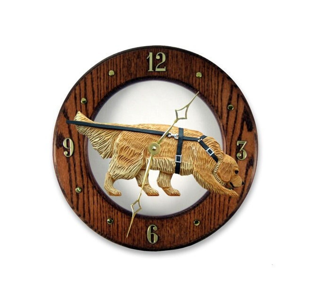 Golden Retriever Tracking Wall Clock - Solid Oak Working Clock ...