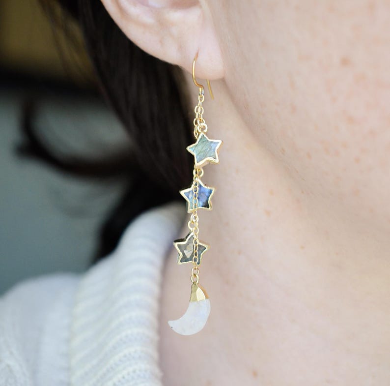 Moon and Star Earrings, Labradorite, Rainbow Moonstone Dangles - 14k ...