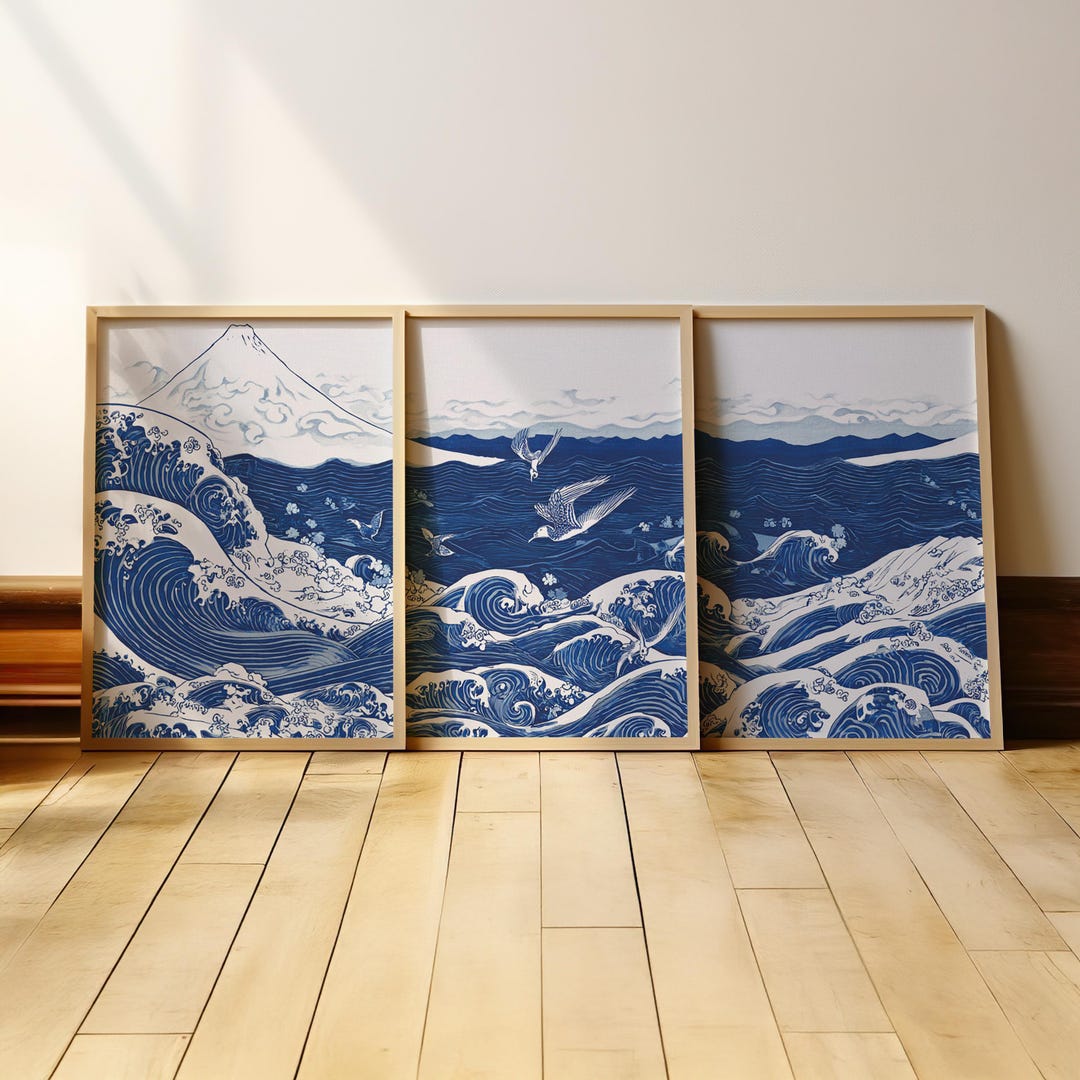 Great Wave & Flying Birds Art, Mt Fuji Blue Ocean Print, Hokusai Style ...