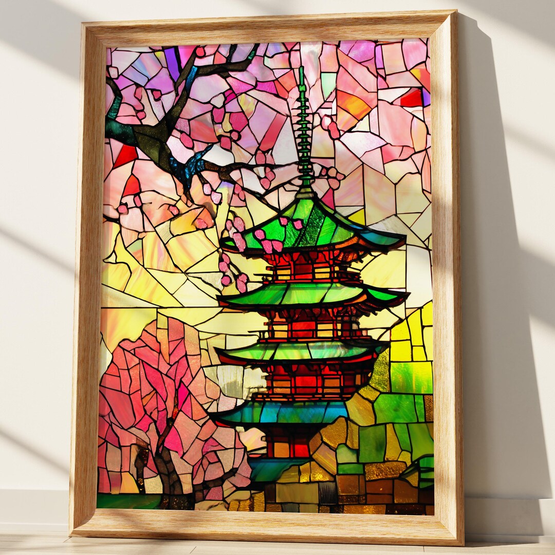 Stained Glass Pagoda Art Print, Japanese Temple Poster, Cherry Blossom ...