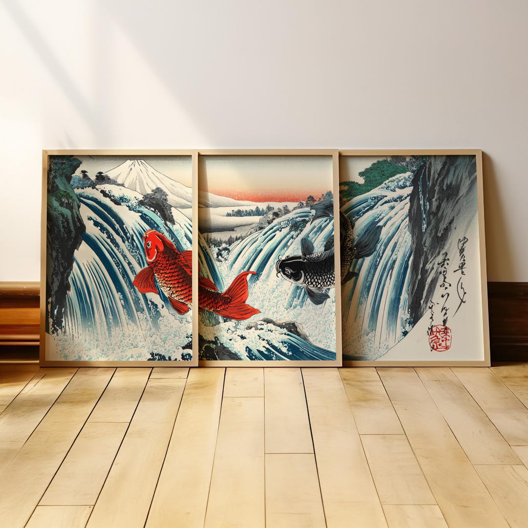 Koi Fish Climbing Waterfall Art, Dragon Gate Legend Print, Success ...
