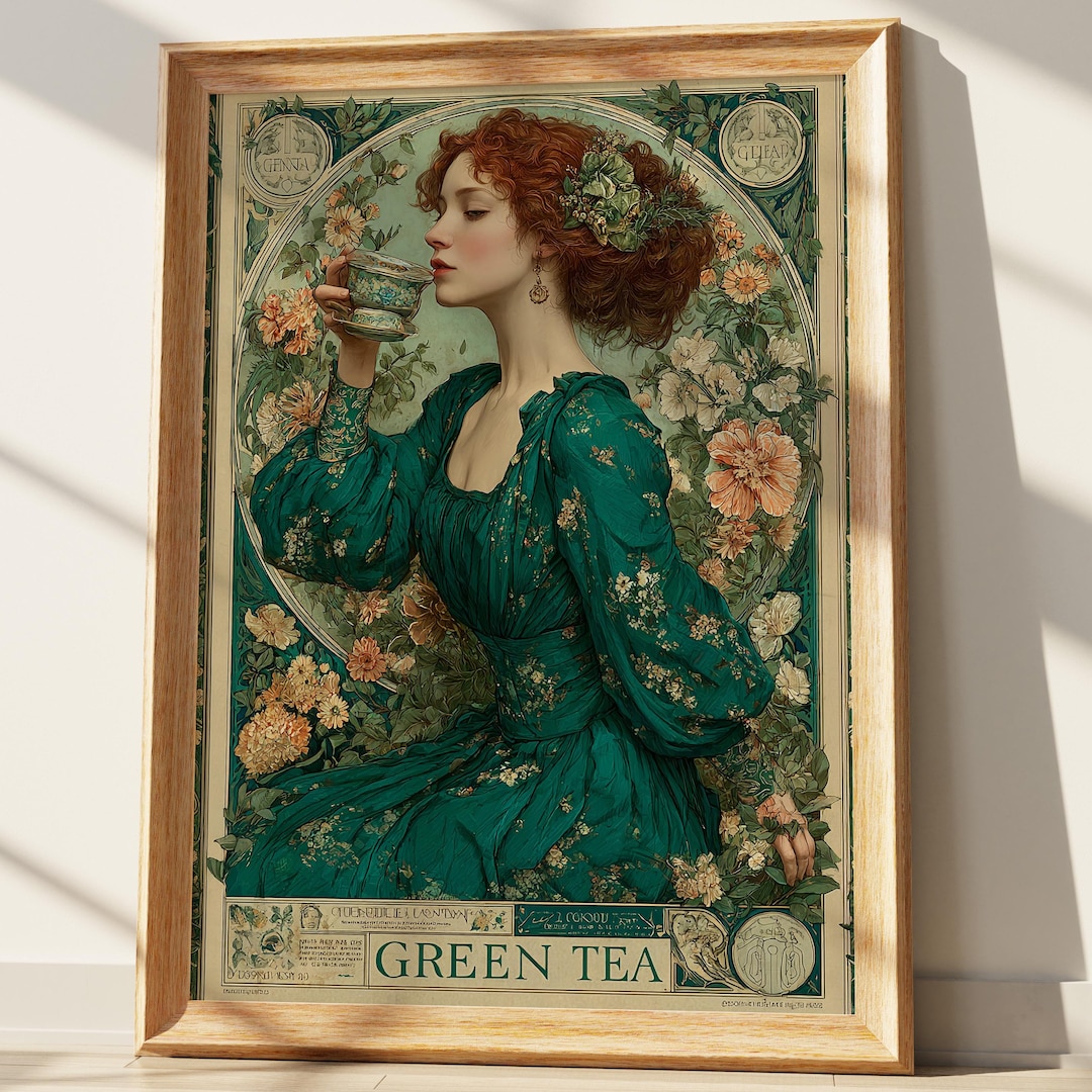 Green Tea Wall Art Vintage Beverage Poster Art Nouveau Woman Print ...