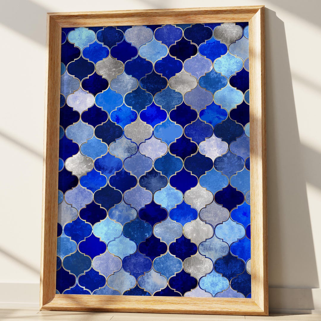 Moroccan Tile Digital Paper, Blue & Silver Arabesque Seamless Pattern ...