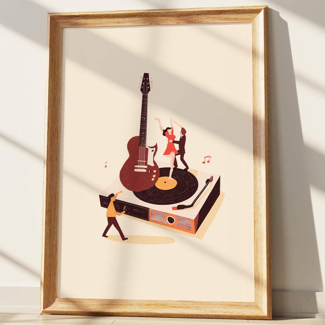 Music Wall Art Print, Retro Record Player & Dancing Couple Illustration ...