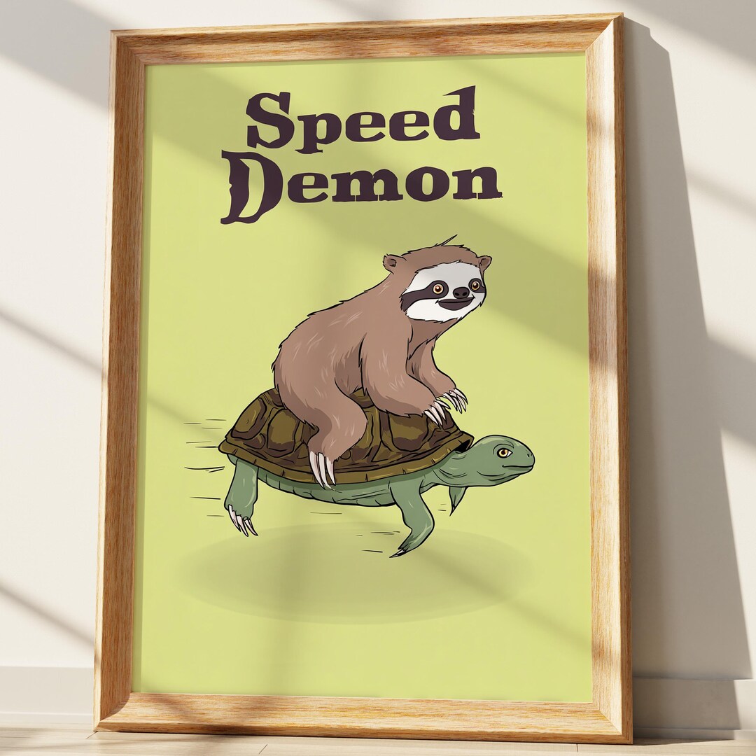 Speed Demon Sloth Riding Turtle Funny Animal Art Print | Whimsical ...