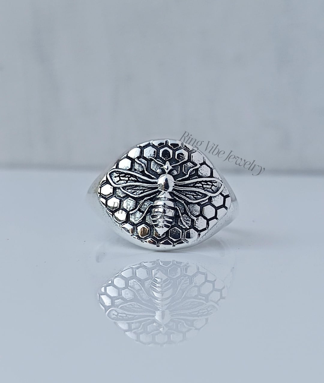 Sterling Silver Honeycomb Bee Signet Ring, Nature Inspired Statement ...