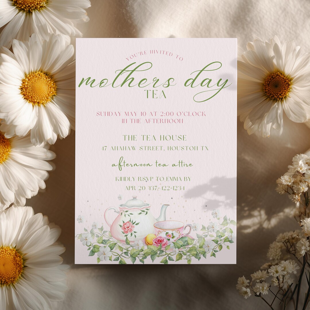 Editable Mother’s Day Tea Invitation, Floral Tea Party Invite, Elegant ...