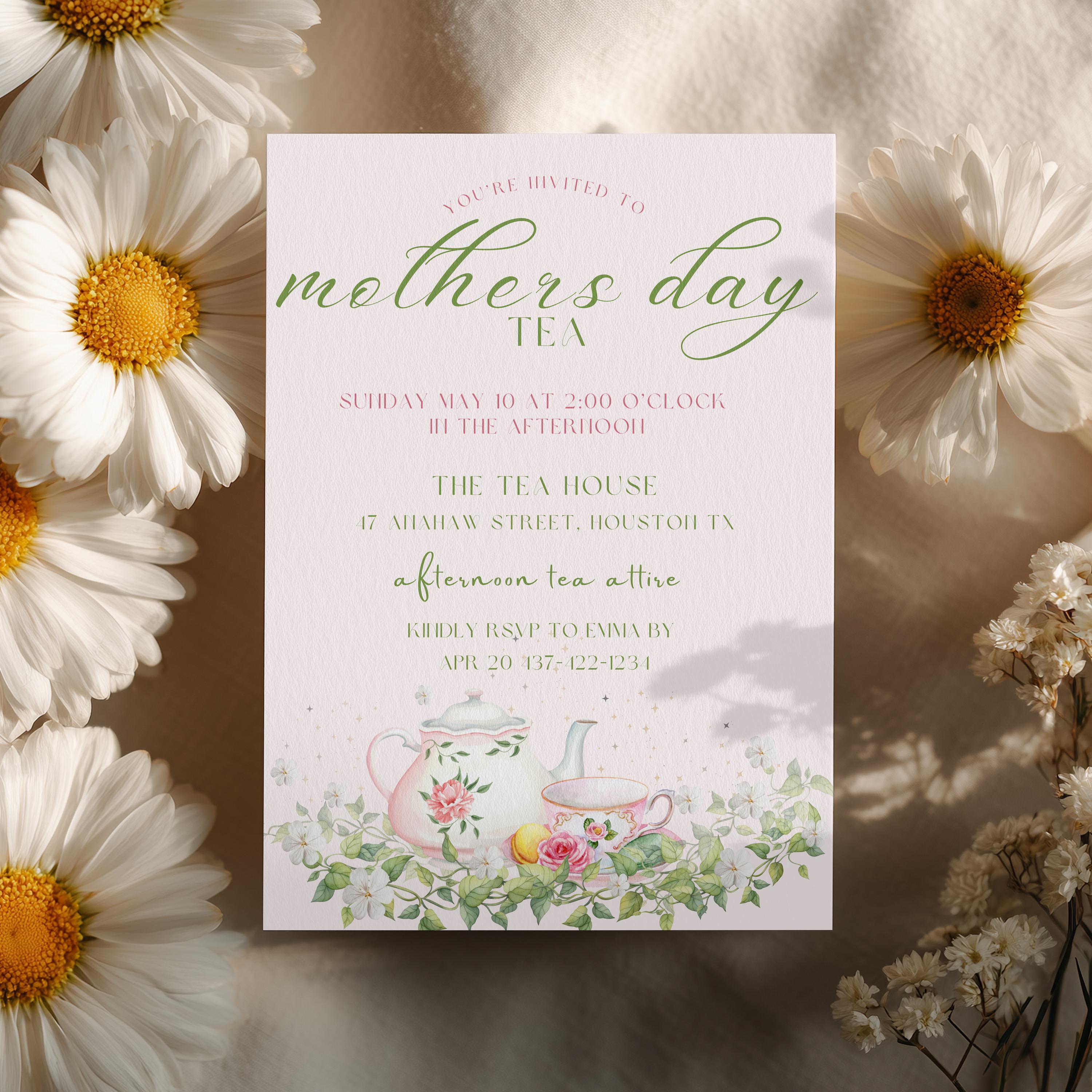 Editable Mother’s Day Tea Invitation, Floral Tea Party Invite, Elegant ...