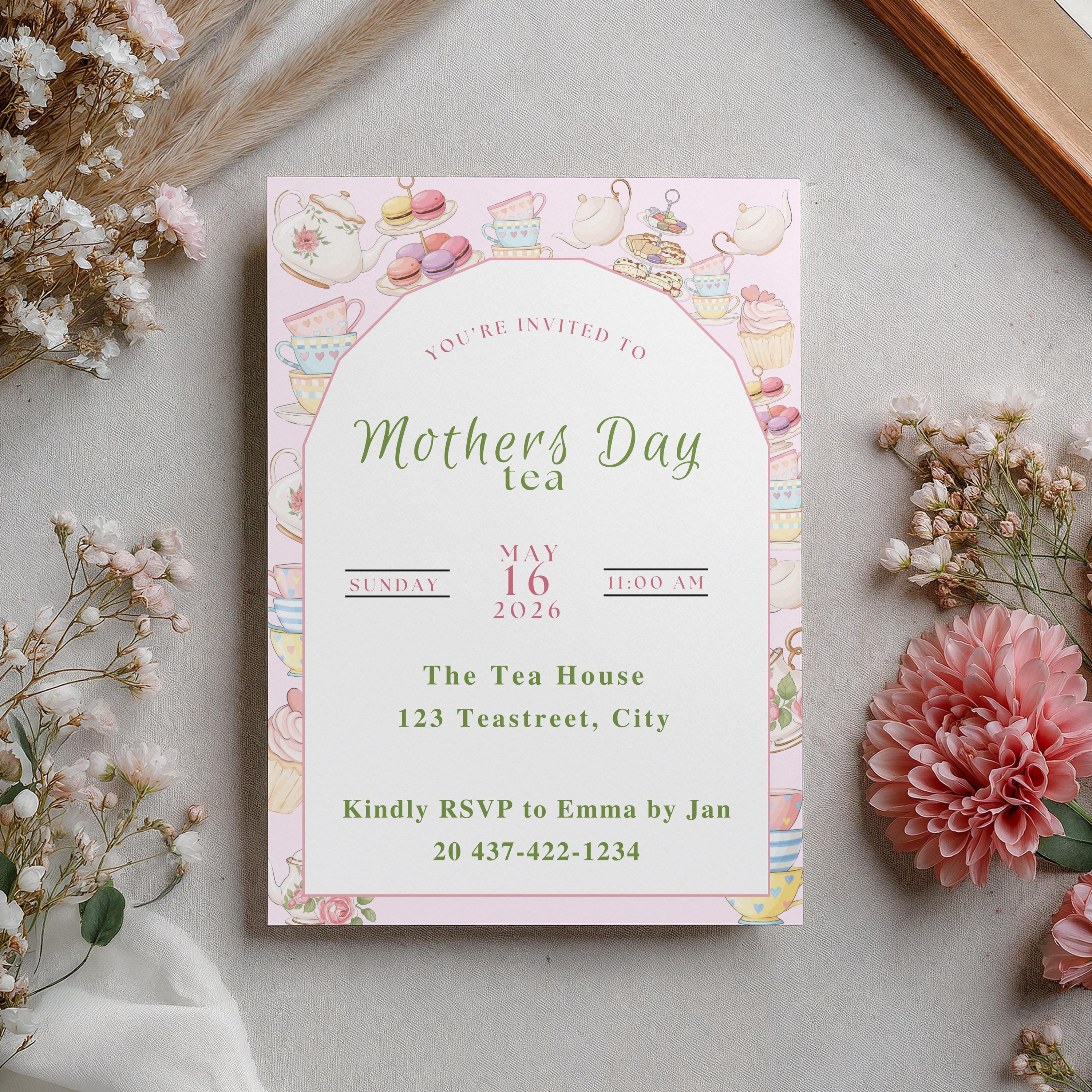 Editable Mother’s Day Tea Invitation, Floral Tea Party Invite, Elegant ...