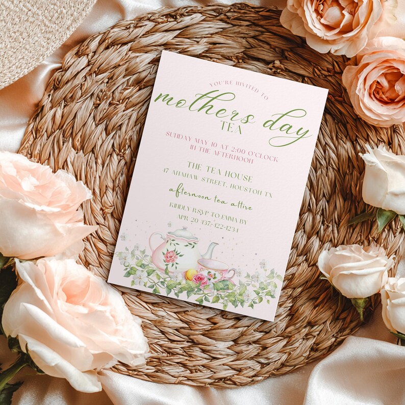 Editable Mother’s Day Tea Invitation, Floral Tea Party Invite, Elegant ...