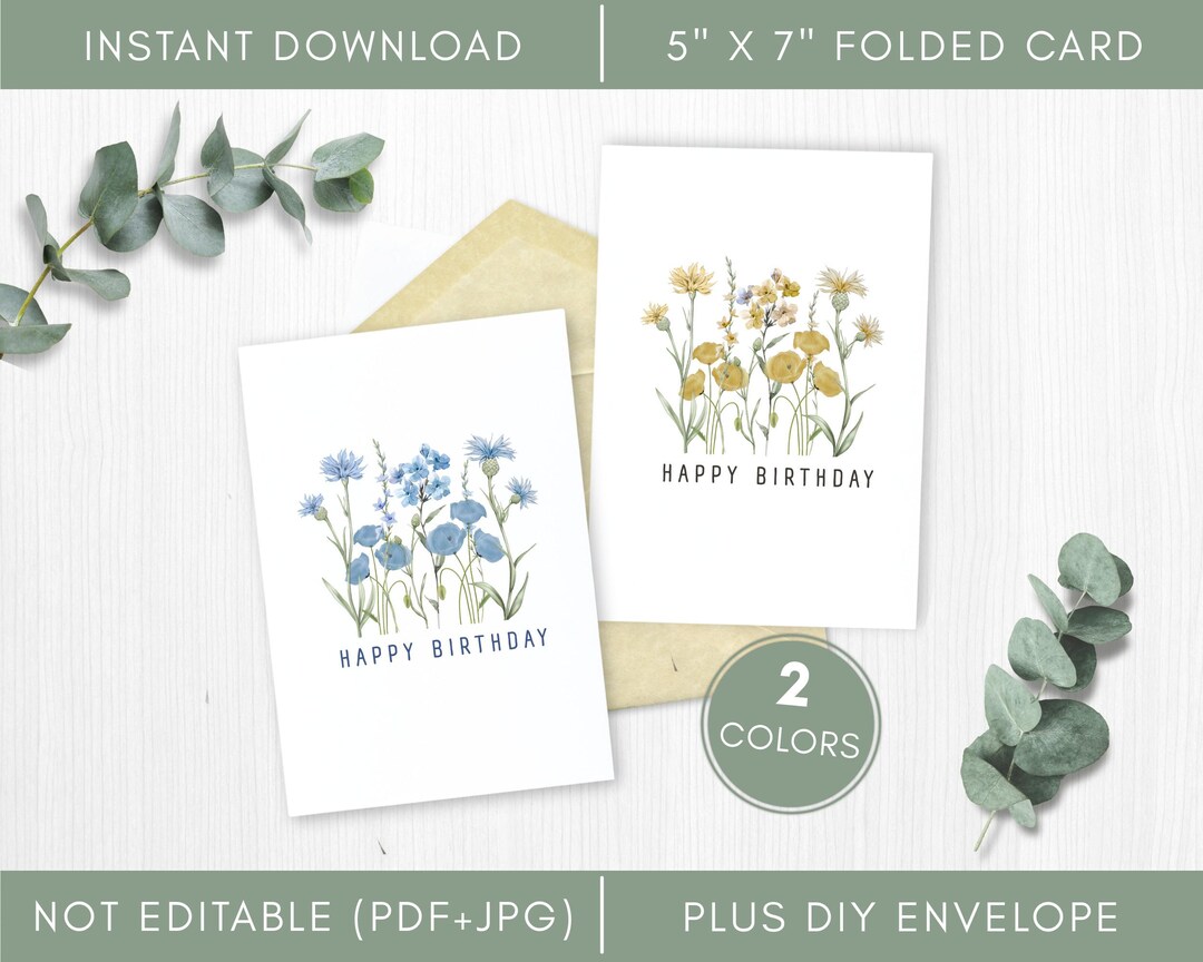 Printable Wildflower Birthday Card 5x7 | Watercolor Floral Greeting ...