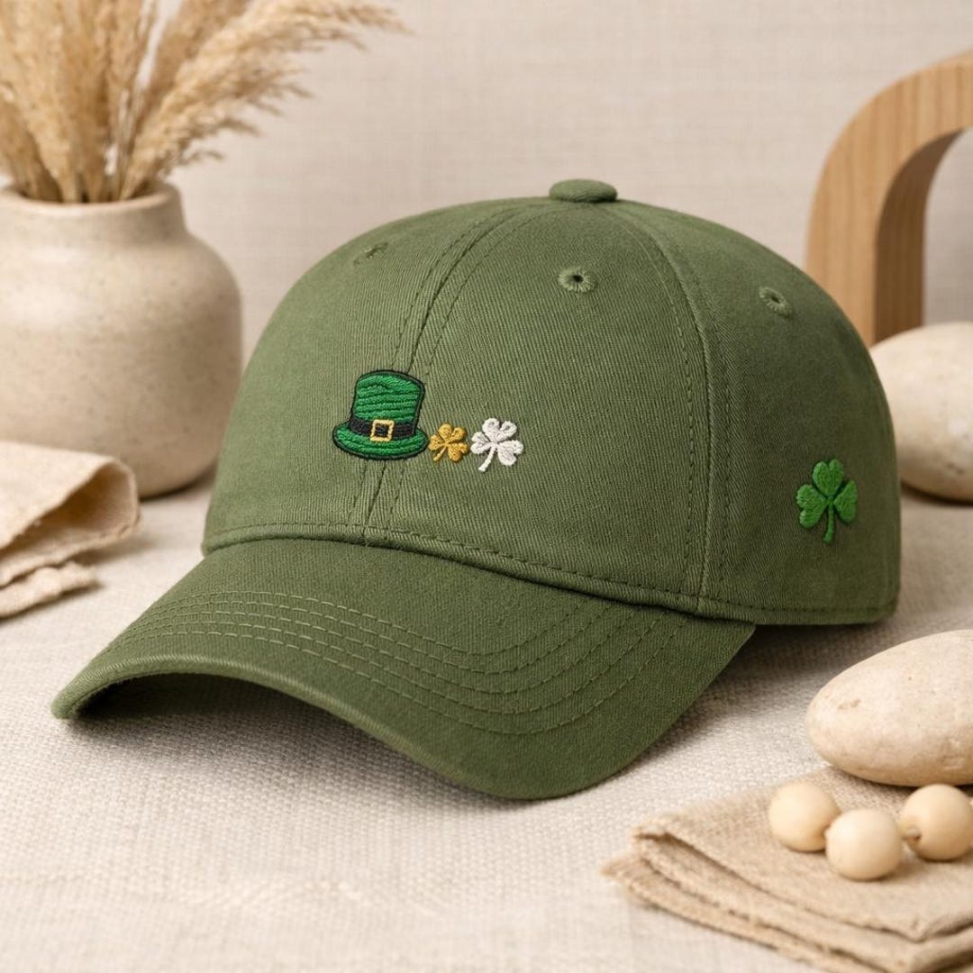 Custom Lucky Symbols Embroidered Hat, Green Baseball Cap With Clover ...