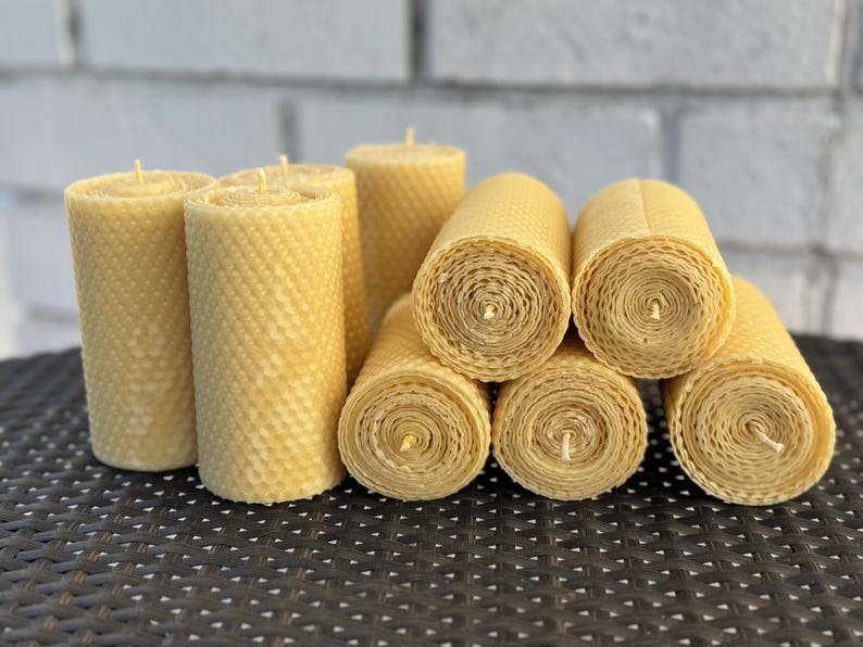 Hand Rolled Pure Beeswax Pillar Candle – 4” Natural Honeycomb – Non ...