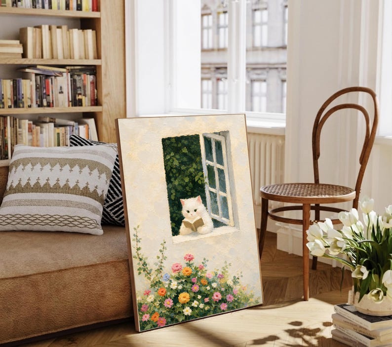 White Cat Reading Book Art, Cottagecore Floral Window Painting (digital ...