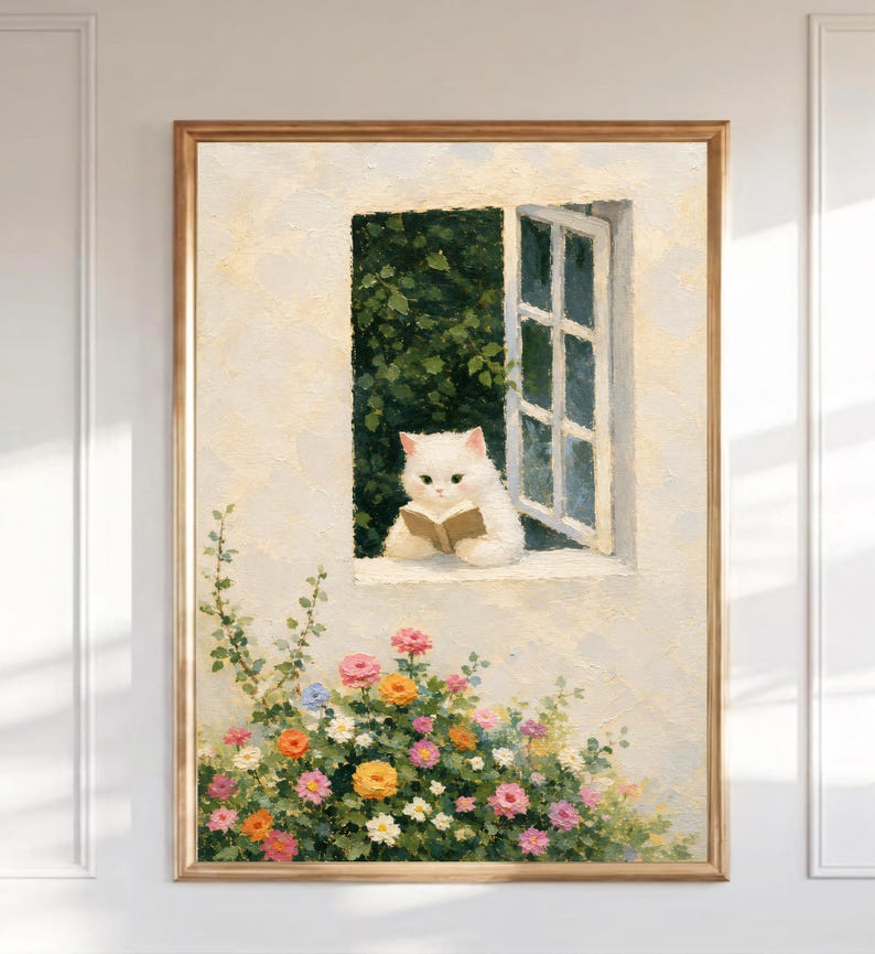 White Cat Reading Book Art, Cottagecore Floral Window Painting (digital ...