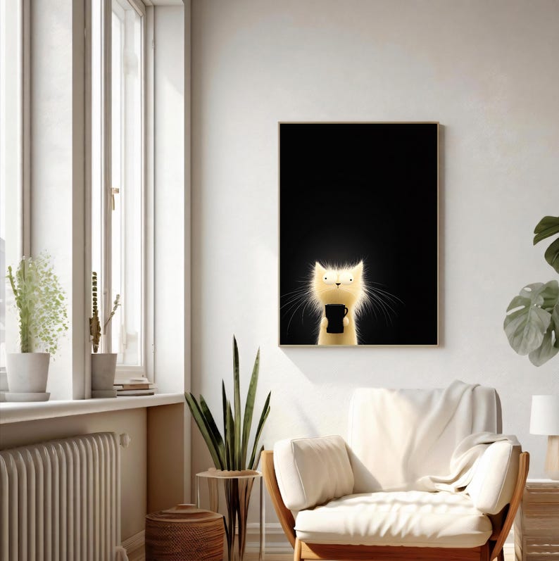 Grumpy Cat Coffee Wall Art, Moody Feline Illustration, Dark Humor Lover ...