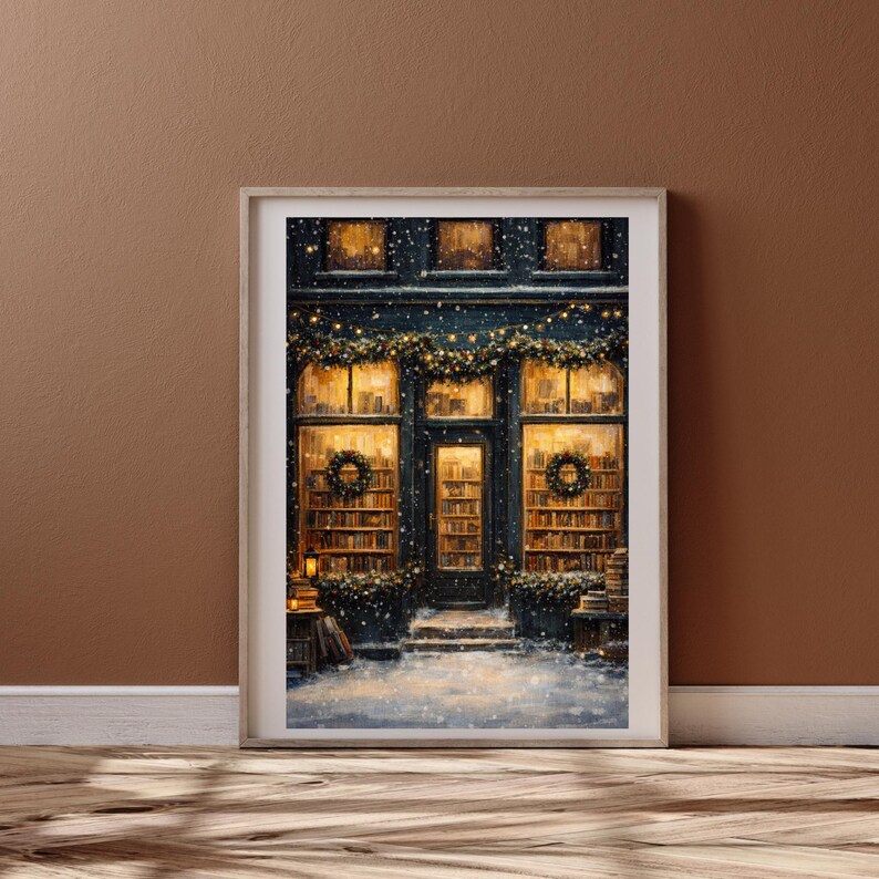 Snowy Christmas Bookstore – Cozy Winter Bookshop Art Print, Holiday ...