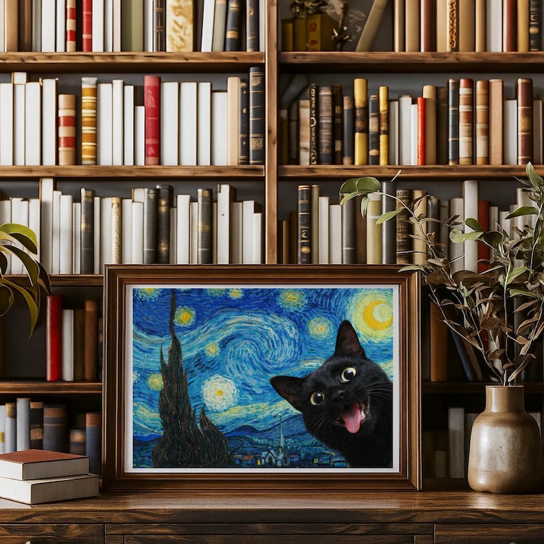 Funny Black Cat Starry Night Parody Print – Van Gogh Inspired (digital ...