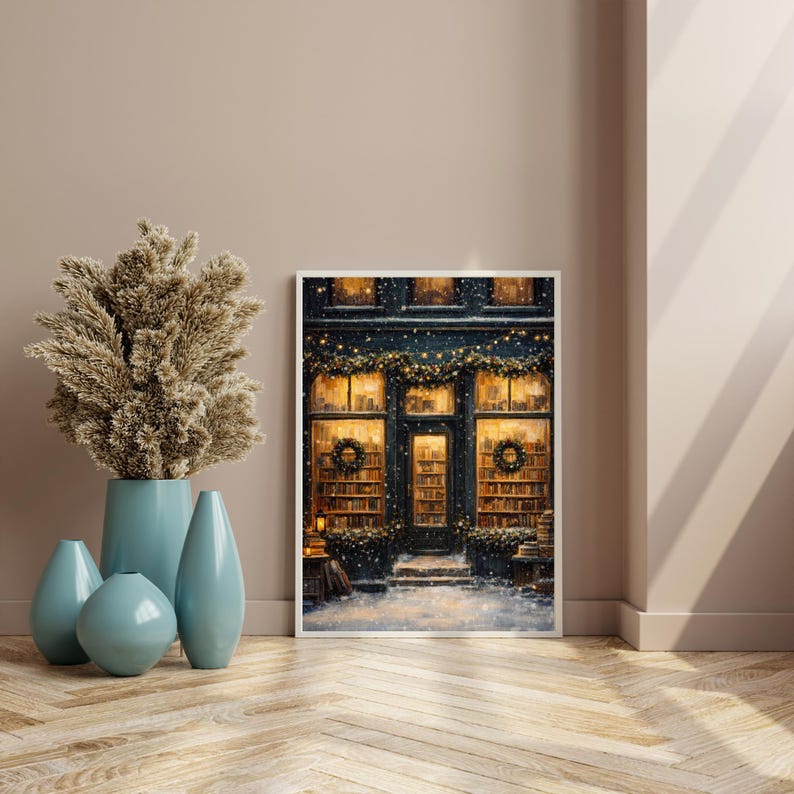 Snowy Christmas Bookstore – Cozy Winter Bookshop Art Print, Holiday ...