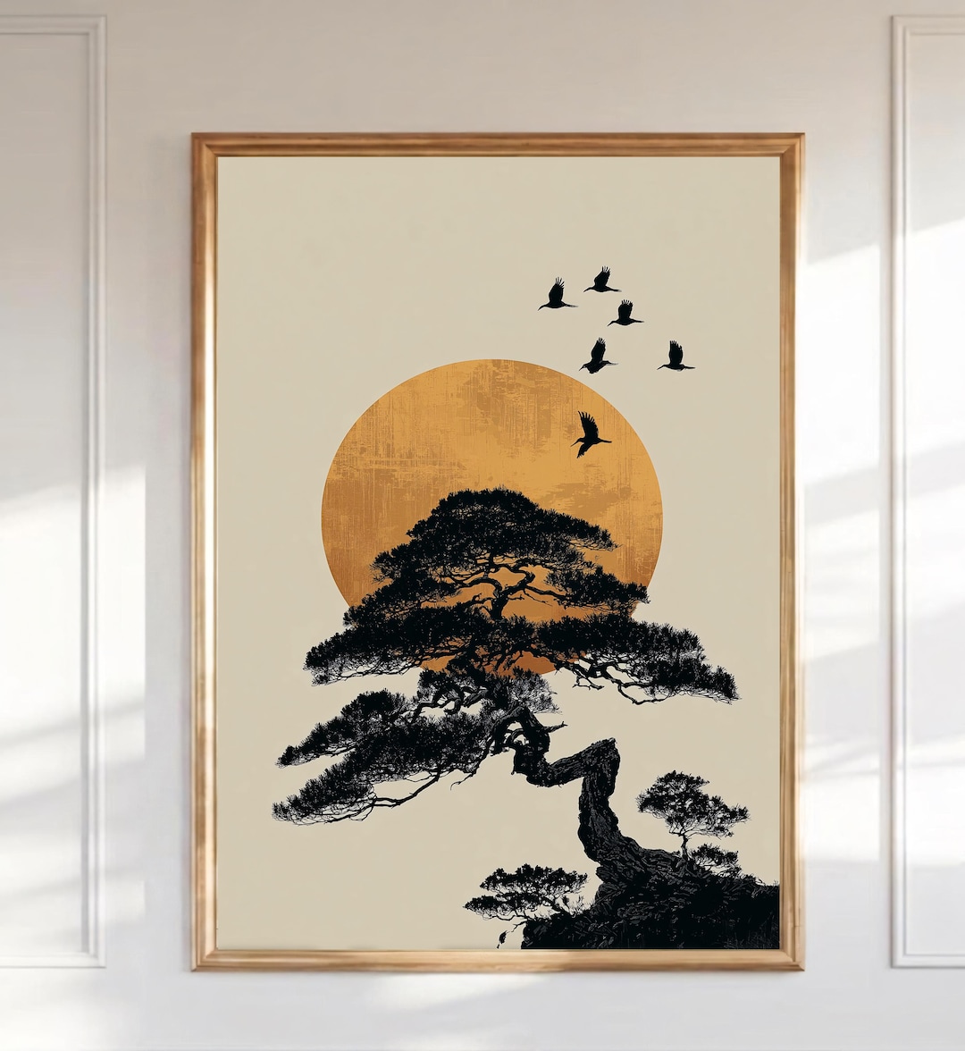 Japanese Pine Tree Art Print, Japandi Golden Sun Poster, Minimalist ...
