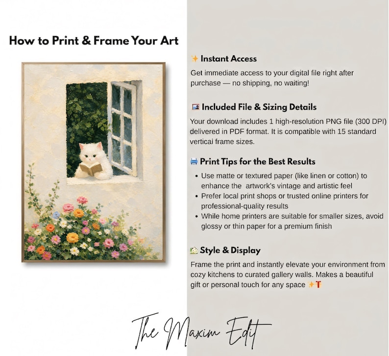 White Cat Reading Book Art, Cottagecore Floral Window Painting (digital ...