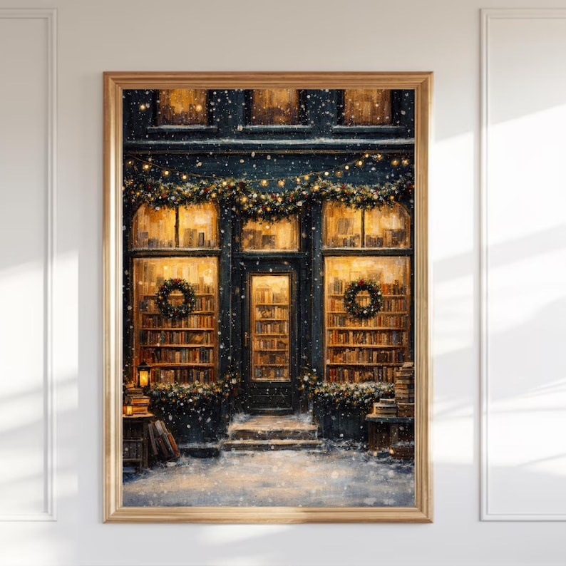 Snowy Christmas Bookstore – Cozy Winter Bookshop Art Print, Holiday ...