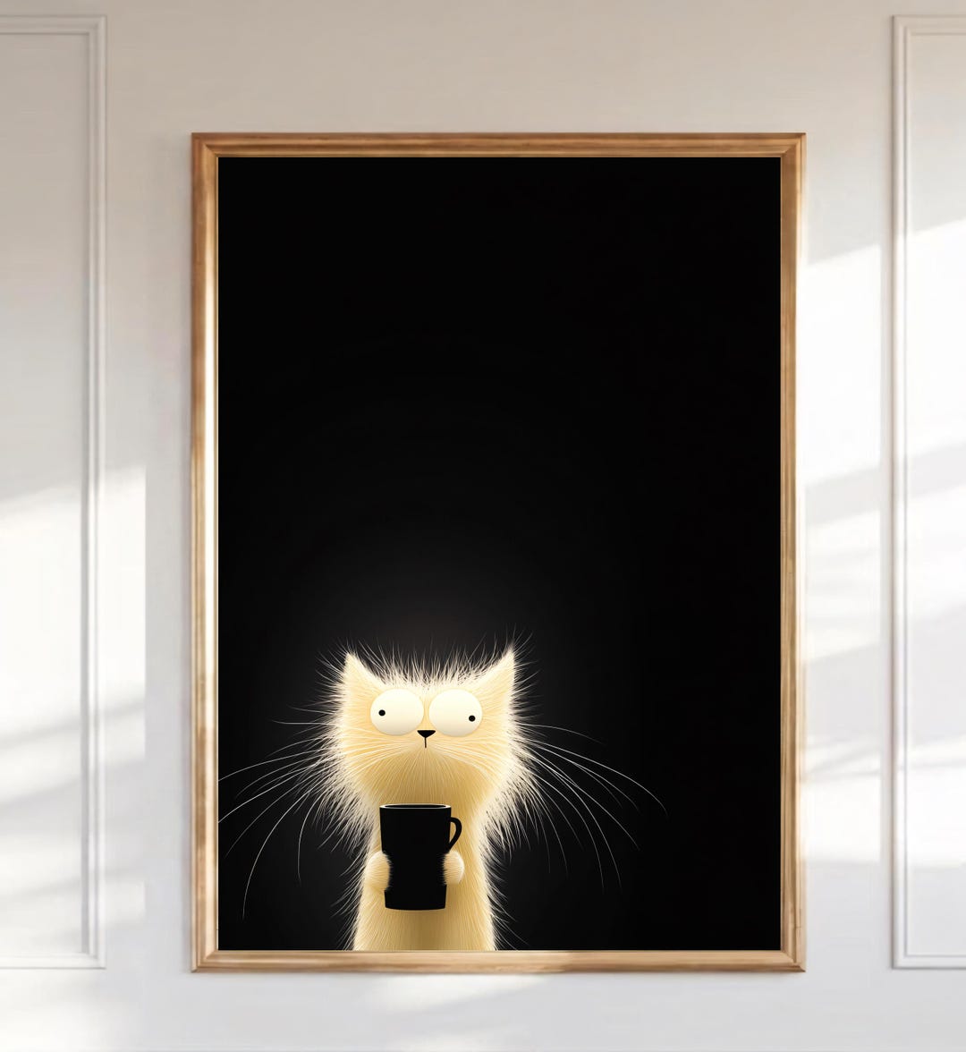 Grumpy Cat Coffee Wall Art, Moody Feline Illustration, Dark Humor Lover ...